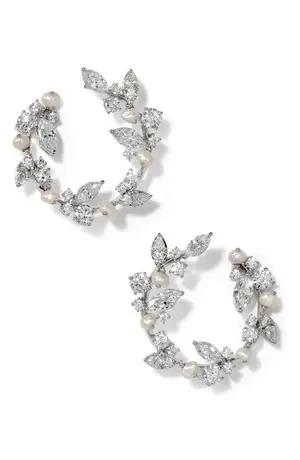 Nadri Ravish Crystal & Pearl Hoop Earrings - Rhodium