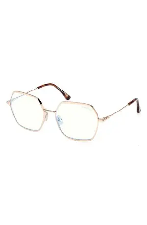 TOM FORD 56mm Geometric Optical Glasses - Rose Gold/ Blue Block Lenses