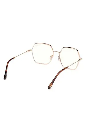 TOM FORD 56mm Geometric Optical Glasses - Rose Gold/ Blue Block Lenses