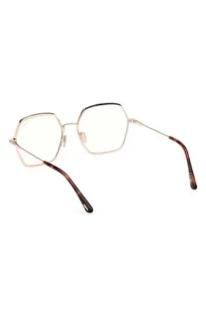 TOM FORD 56mm Geometric Optical Glasses - Rose Gold/ Blue Block Lenses