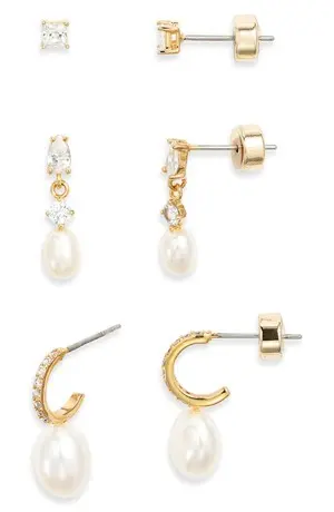 Nordstrom Set Of 3 Cubic Zirconia Stud And Pearl Drop Earrings - 14k Gold Plated