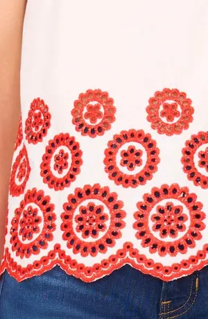 CECE DUPRAZ Embroidered Eyelet Ruffle Shoulder Cotton Top