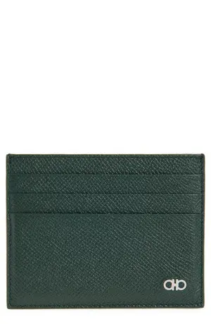 FERRAGAMO Double Gancio Calfskin Leather Card Case - Moss
