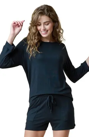SOFTIES Dream 3/4 Sleeve Boatneck Top With Shorts Set - Black