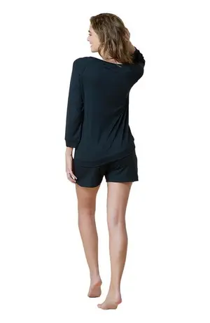 SOFTIES Dream 3/4 Sleeve Boatneck Top With Shorts Set - Black