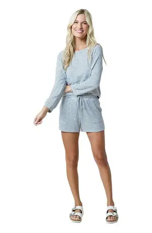 SOFTIES Dream 3/4 Sleeve Boatneck Top With Shorts Set - Indigo-white Stripe