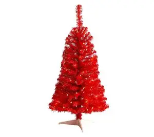 NEARLY NATURAL 3' Red Christmas Tree With 50 Le D Lights - One-color