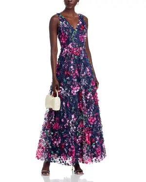 Eliza J Floral Applique Gown - Navy Multi