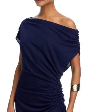 Aqua Off-the-shoulder Ruched Jersey Gown - Navy