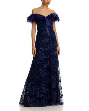 Rickie Freeman For Teri Jon Organza Off-shoulder Sequin Embroidered Tulle Gown - Navy