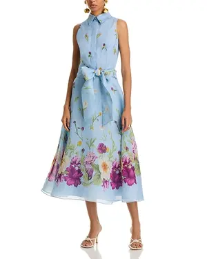 Rickie Freeman For Teri Jon Silk And Linen Shirt Dress - Light Blue Multi