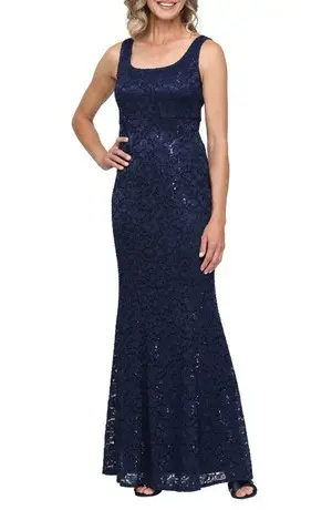 SL FASHIONS Sequin Lace A-line Gown With Jacket - Navy