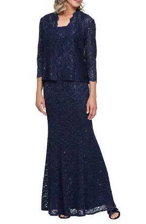 SL FASHIONS Sequin Lace A-line Gown With Jacket - Navy