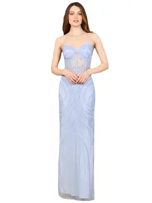 LARA NEW YORK Beaded Corset Gown With Slit - Periwinkle