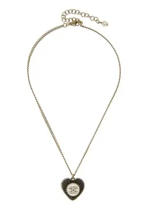Chanel Tone Crystal 'cc' Heart Pendant Necklace - Black