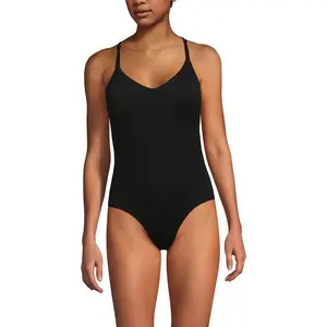LANDS' END Tugless Quickdry V-neck High Leg One Piece Swimsuit - Black