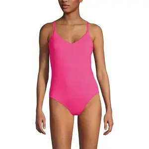 LANDS' END Tugless Quickdry V-neck High Leg One Piece Swimsuit - Pink Azalea