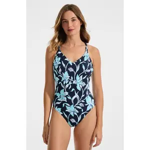 LANDS' END Tugless Quickdry V-neck High Leg One Piece Swimsuit - Tropic Floral/navy