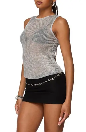 EDIKTED Amalya Shiny Open Stitch Mesh Tank