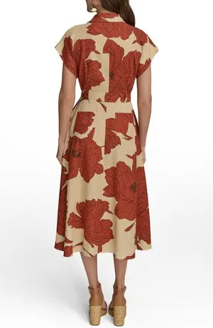 Donna Karan New York Drawstring Waist Linen Blend Shirtdress - Cinnamon Multi