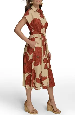 Donna Karan New York Drawstring Waist Linen Blend Shirtdress - Cinnamon Multi
