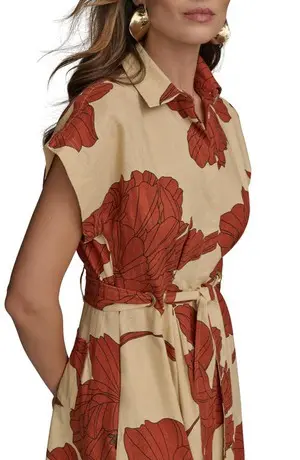 Donna Karan New York Drawstring Waist Linen Blend Shirtdress - Cinnamon Multi