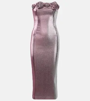 AREA Floral-Appliqué Lamé Midi Dress Pink
