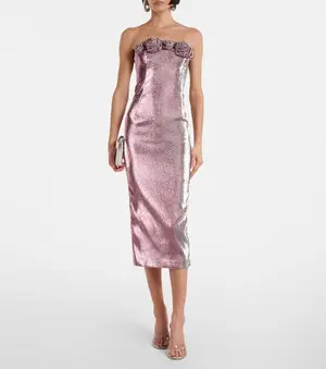 AREA Floral-appliqué Lamé Midi Dress - Pink