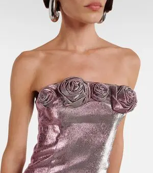 AREA Floral-appliqué Lamé Midi Dress - Pink