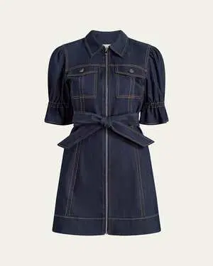 Cinq À Sept Holly Denim Mini Shirtdress With Puff Sleeves