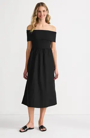 LANDS' END Off-the-shoulder Mixed Media Midi Dress - Black