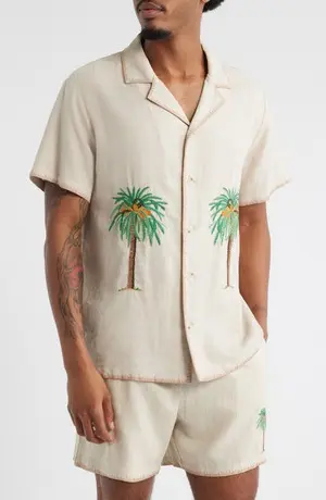 MAVRANS Palm Tree Linen Blend Button-up Shirt