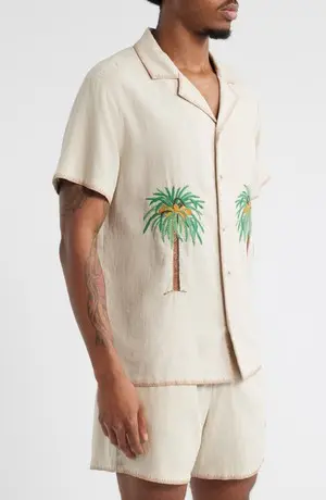 MAVRANS Palm Tree Linen Blend Button-up Shirt