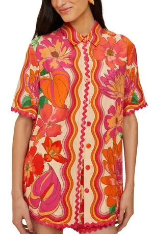 Farm Rio Rickrack Trim Button-up Shirt - Beige