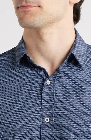W.R.K Trim Fit Hexagon Print Short Sleeve Performance Button-up Shirt - Navy