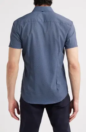W.R.K Trim Fit Hexagon Print Short Sleeve Performance Button-up Shirt - Navy