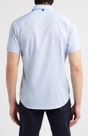 W.R.K Trim Fit Floral Medallion Print Short Sleeve Performance Button-up Shirt - Light Blue