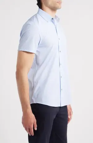 W.R.K Trim Fit Floral Medallion Print Short Sleeve Performance Button-up Shirt - Light Blue