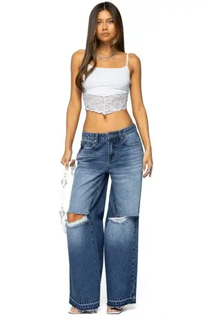 EDIKTED Xenia Ripped Low Rise Wide Leg Jeans