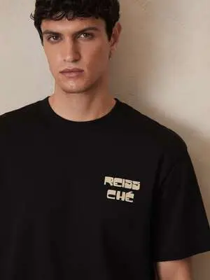 REISS Roda | Ché Cotton Palm-print T-shirt - Black