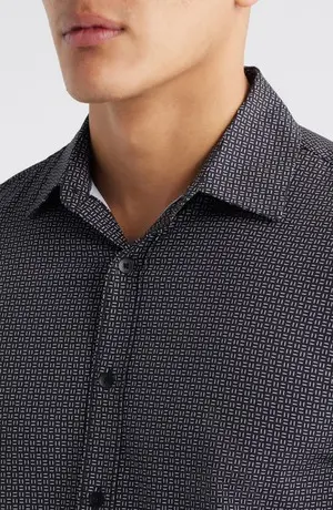 W.R.K Trim Fit Dash Duo Geo Print Performance Button-up Shirt - Black