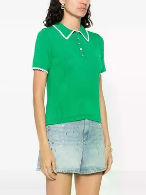 Maje Pointelle-Knit Crochet Polo Top In Green - 40% Off | Editorialist
