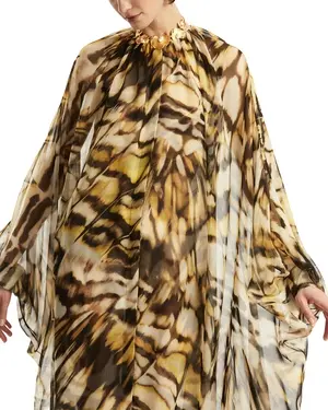 Oscar De La Renta Long Sleeve Abstract Butterfly Silk Chiffon Caftan