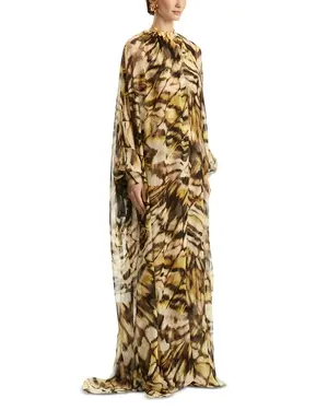 Oscar De La Renta Long Sleeve Abstract Butterfly Silk Chiffon Caftan