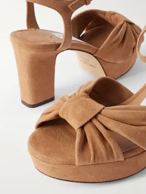 JIMMY CHOO Heloise 80 Knotted Suede Platform Sandals - Brown