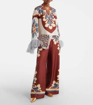 La DoubleJ Feather-trimmed Silk Top