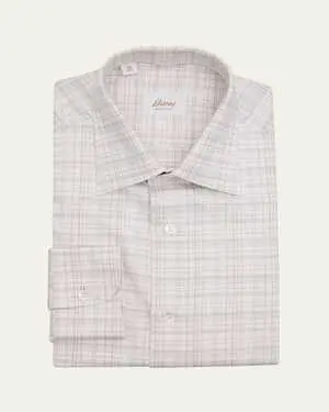 Brioni Men's Cotton Woven Plaid Dress Shirt Ivory