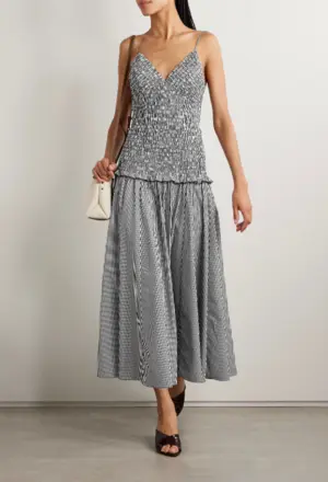 Brandon Maxwell The Josie Shirred Striped Cotton Midi Dress - Gray