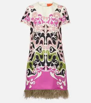 La DoubleJ Mini Swing Feather-trimmed Minidress - Multicoloured