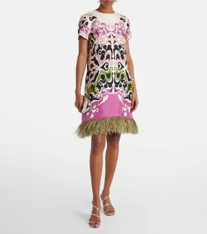 La DoubleJ Mini Swing Feather-trimmed Minidress - Multicoloured